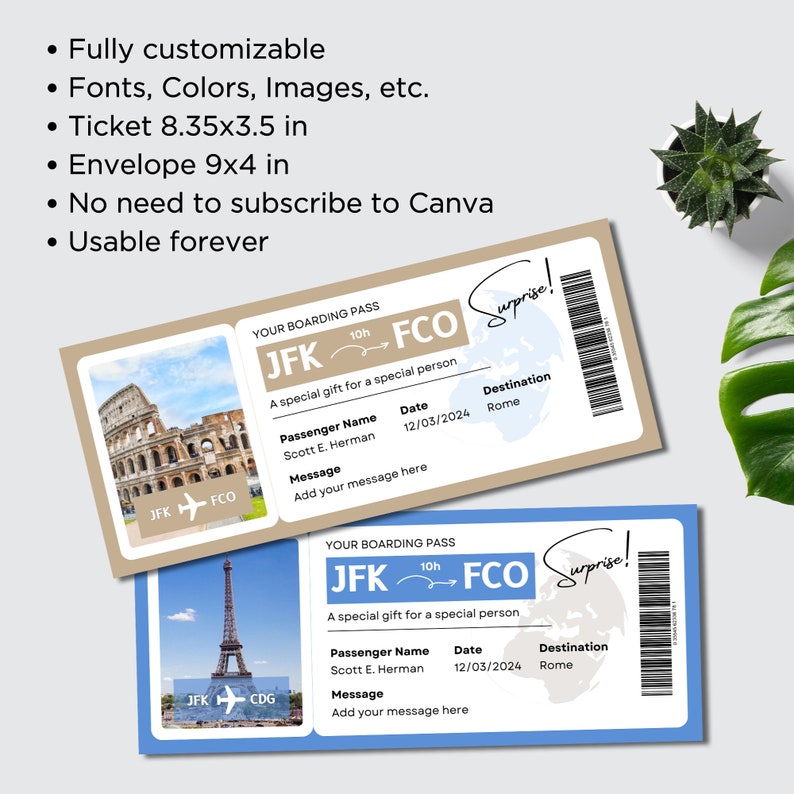 Editable Plane Ticket Template, Boarding Pass Ticket Template, Airline ...