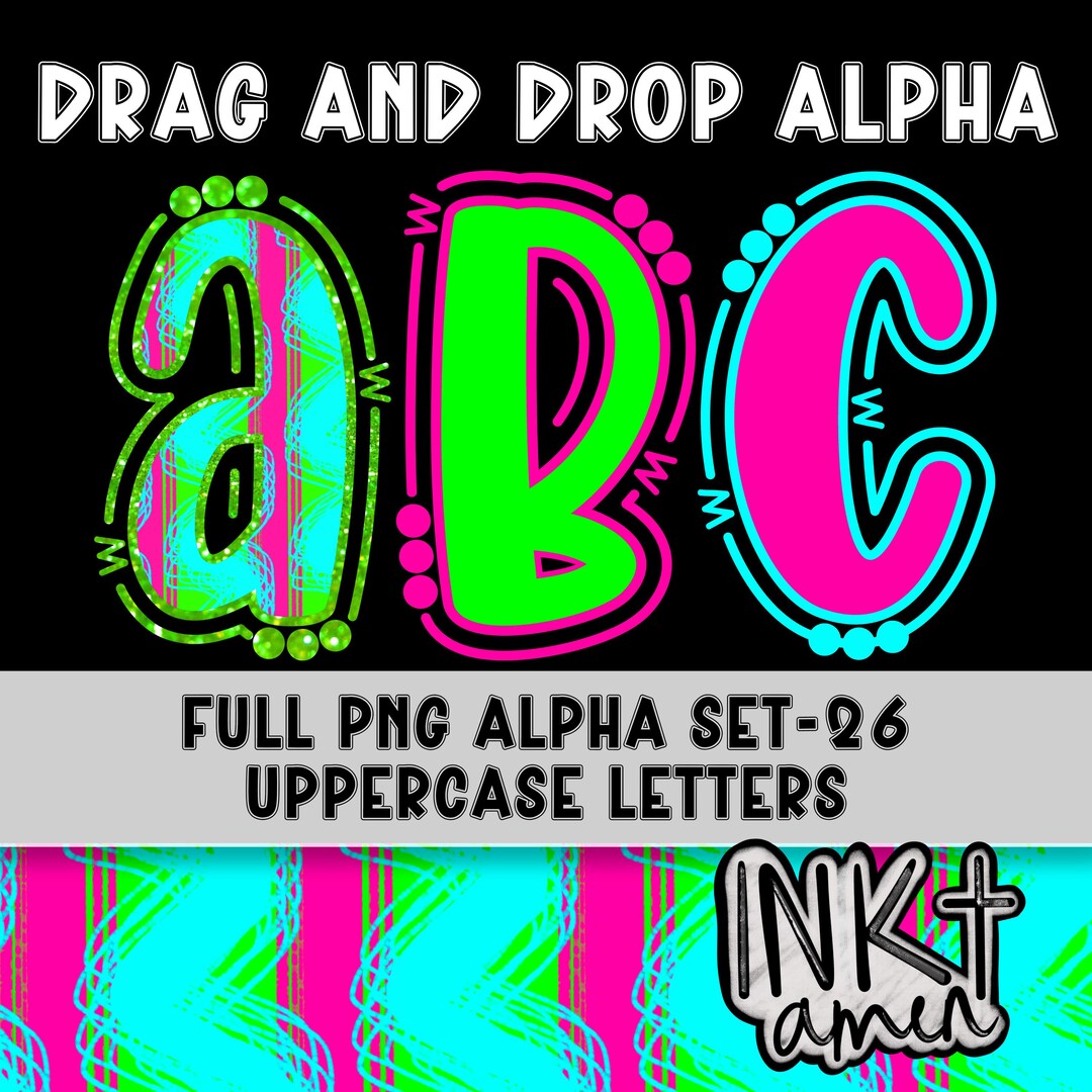 Neon Doodle Alpha PNG Set, Drag and Drop Uppercase Letters (digital ...