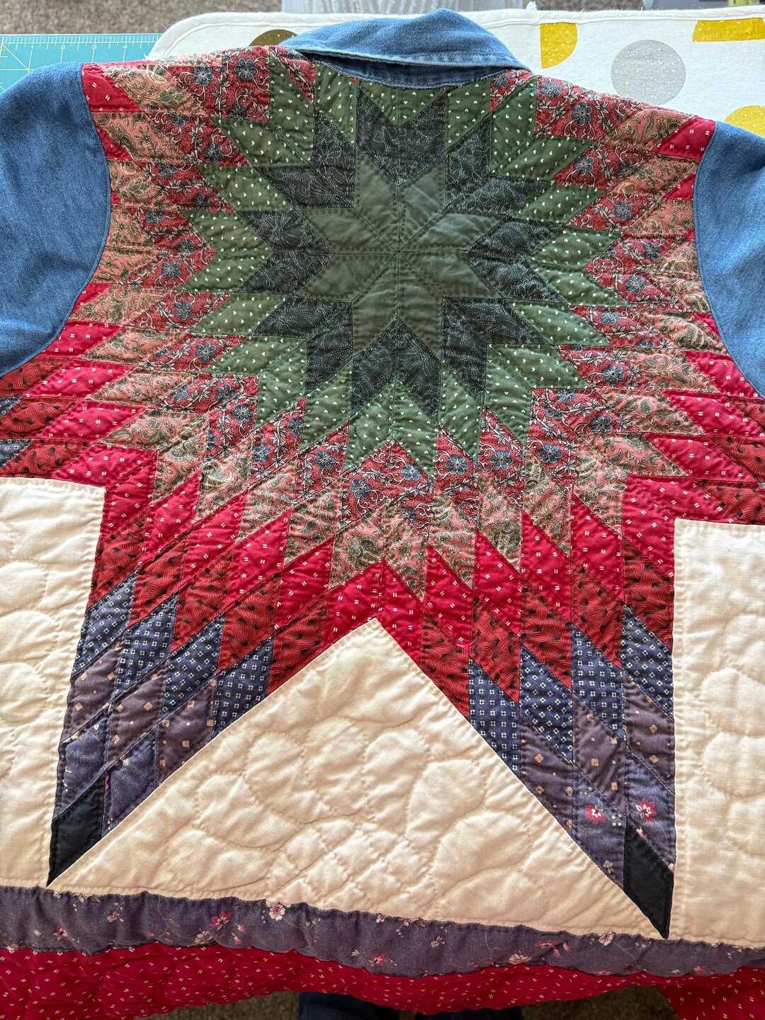 Star Quilt Coat With Denim Sleeves With Button Cuff, Denim Collar and ...