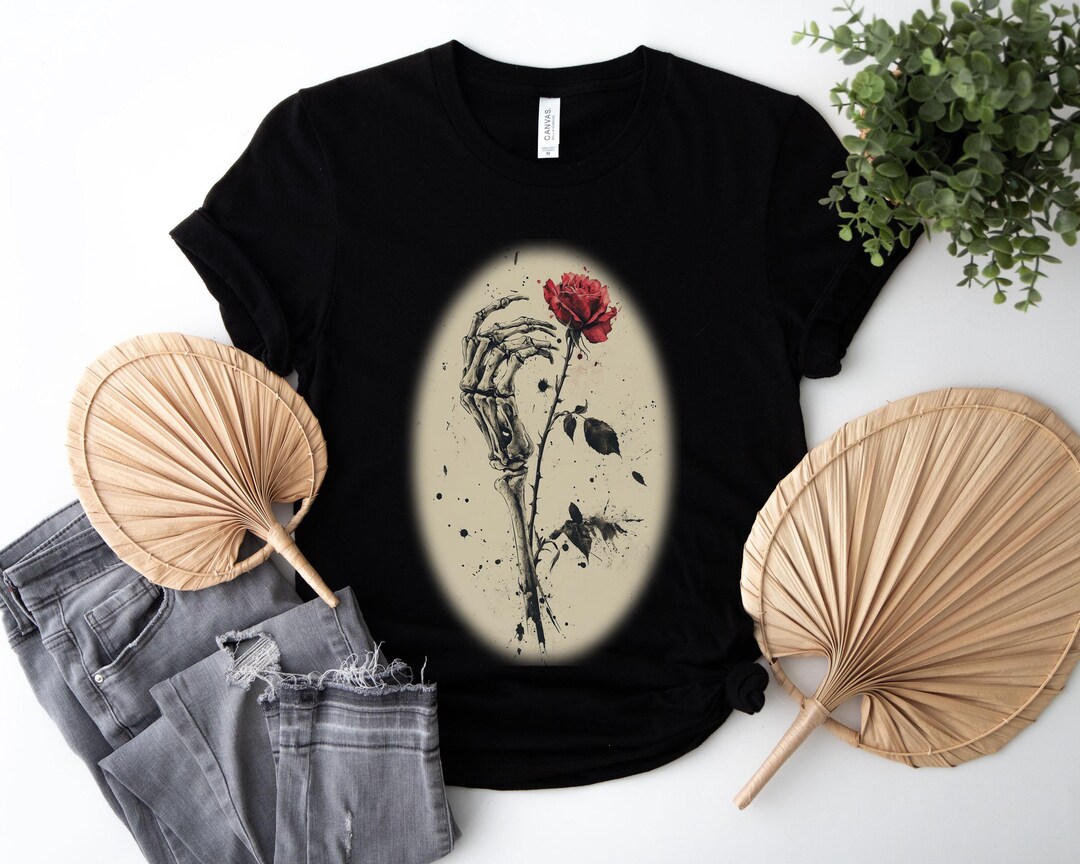 Skeletal Hand Holding a Rose Gothic Artwork Graphic Tee - Etsy