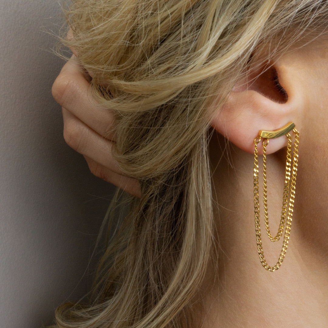 Double Chain Earrings, Stainless Steel, 18K Gold Plated, Minimalistic ...