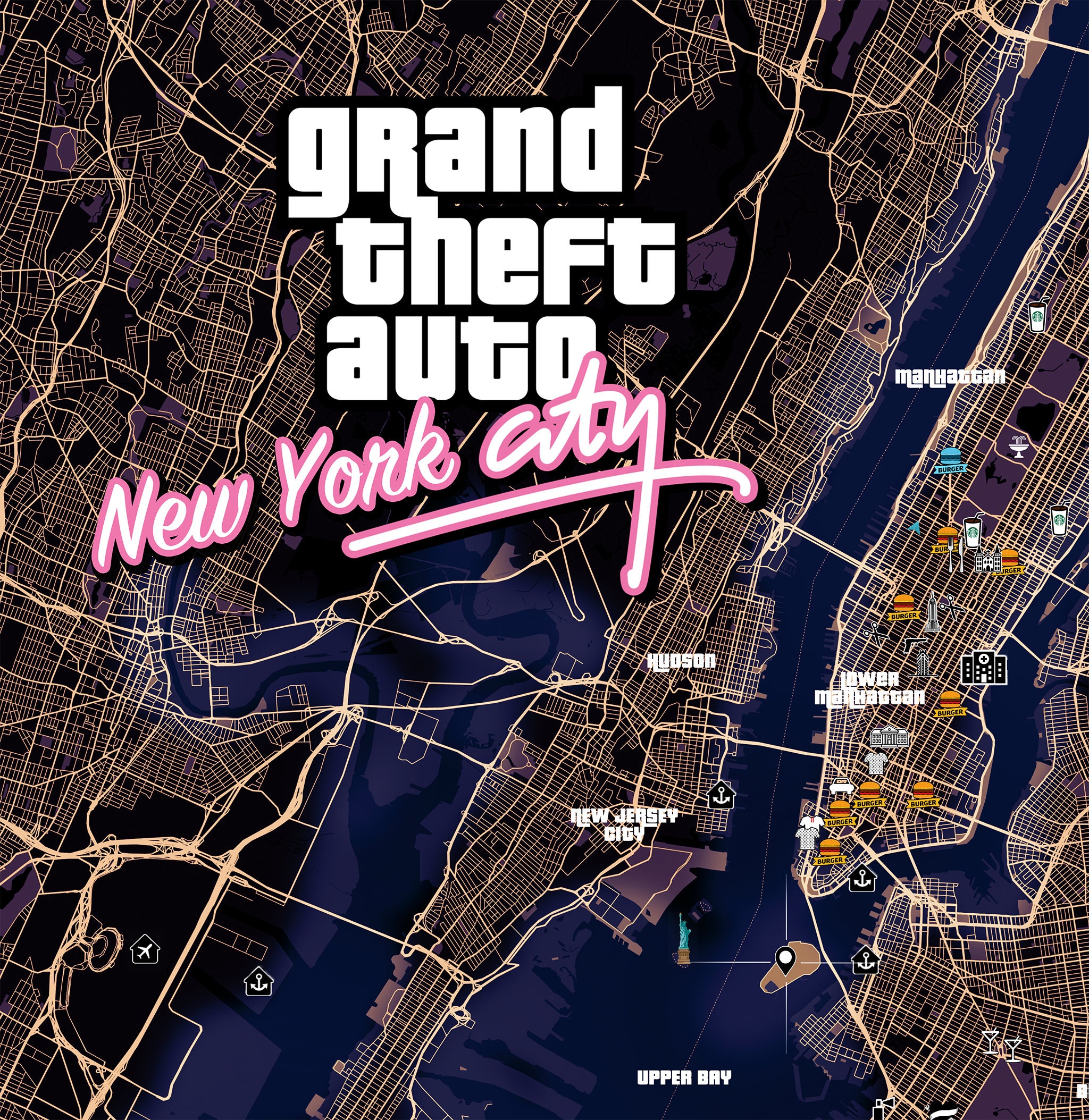 New York City Map GTA Theme - Etsy