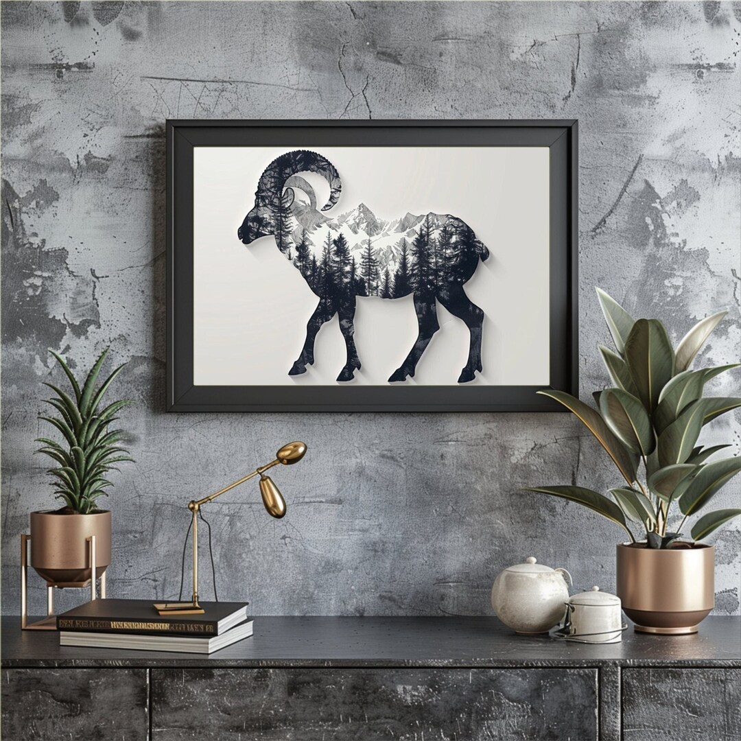 Mountain Goat Forest Treeline Geometric Woodland Black and White ...