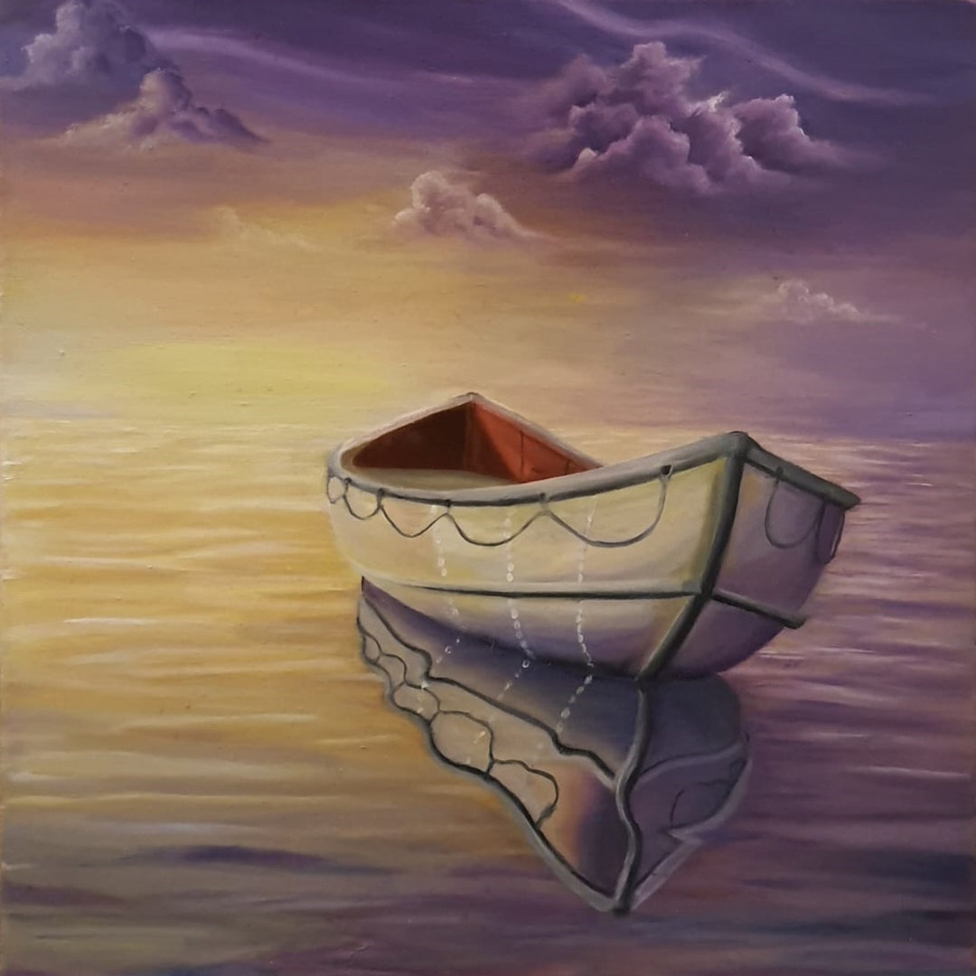 Life of Pi: Oil Painting of a Boat on the Ocean, Featuring Clouds and a ...