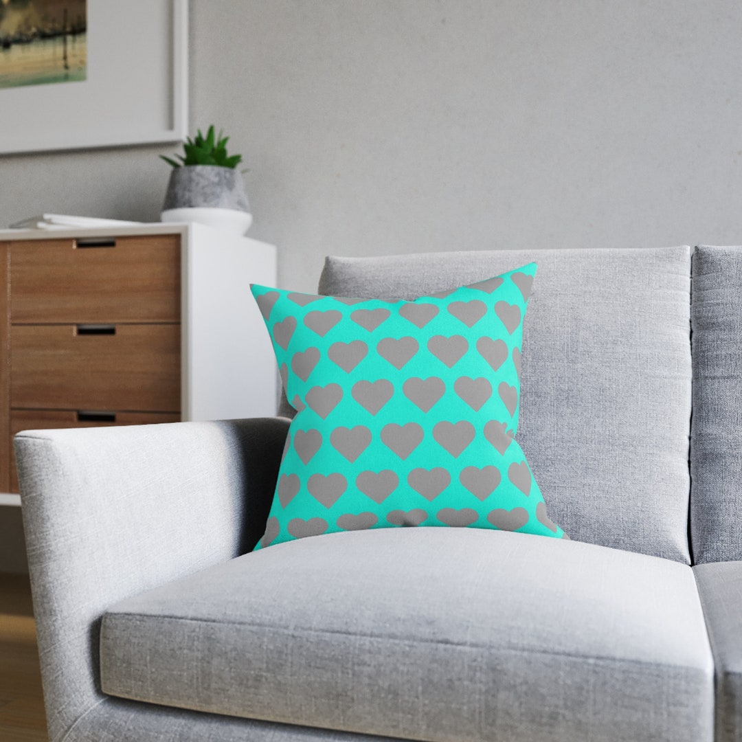 Grey Love Heart Pattern on Aqua Green Square Pillow - Etsy