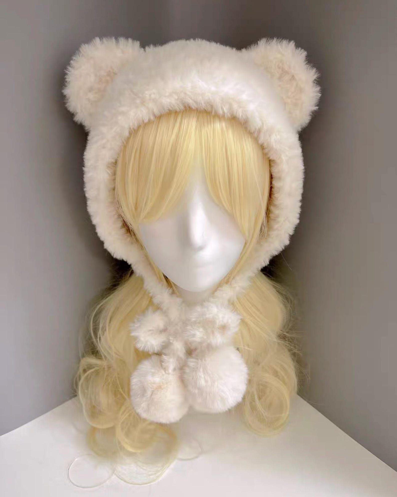 Winter Teddy Bear Hood, Fluffy White Plush Bear Ear Hat, Cozy Kawaii ...