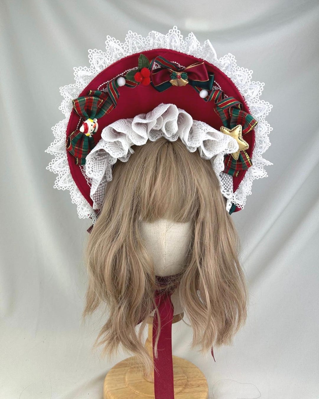 Christmas Lolita Bonnet Ribbons & Lace | Handmade Lolita Headwear ...