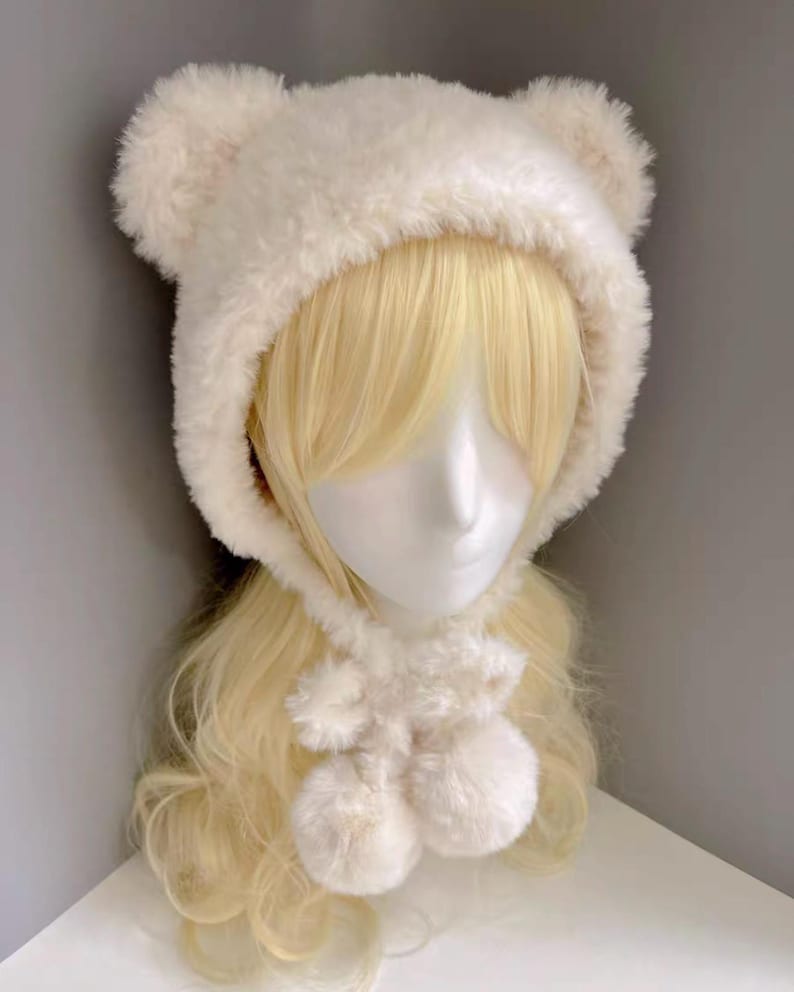 Winter Teddy Bear Hood, Fluffy White Plush Bear Ear Hat, Cozy Kawaii ...