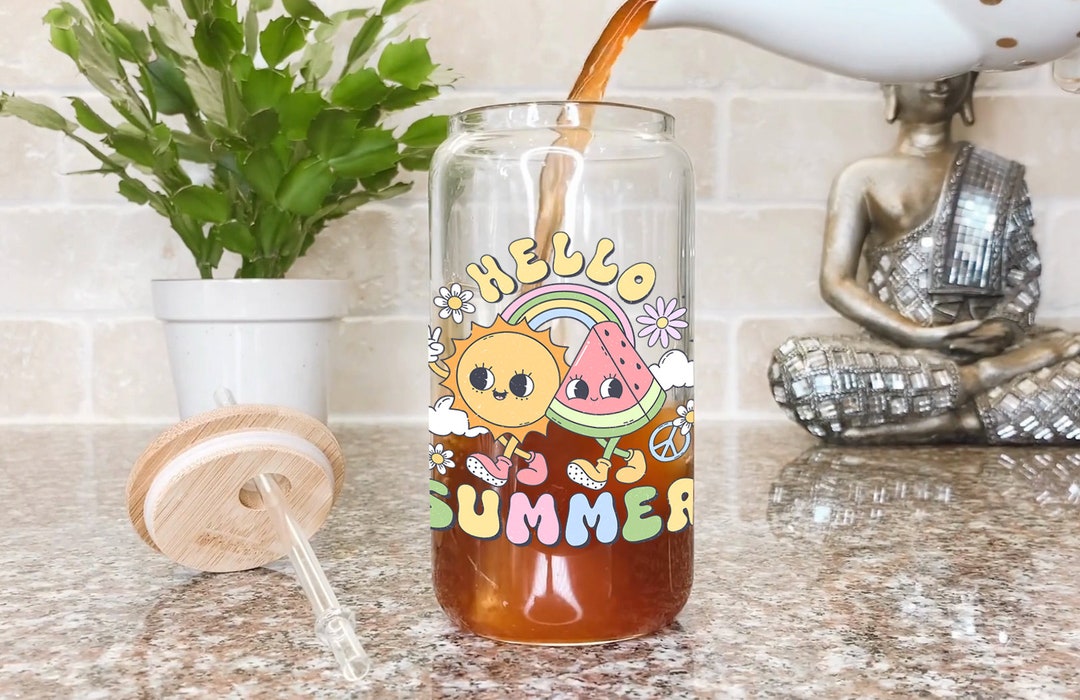 Retro Hello Summer 16oz Sipper Glass, Retro Summer Glass Tumbler, Retro ...