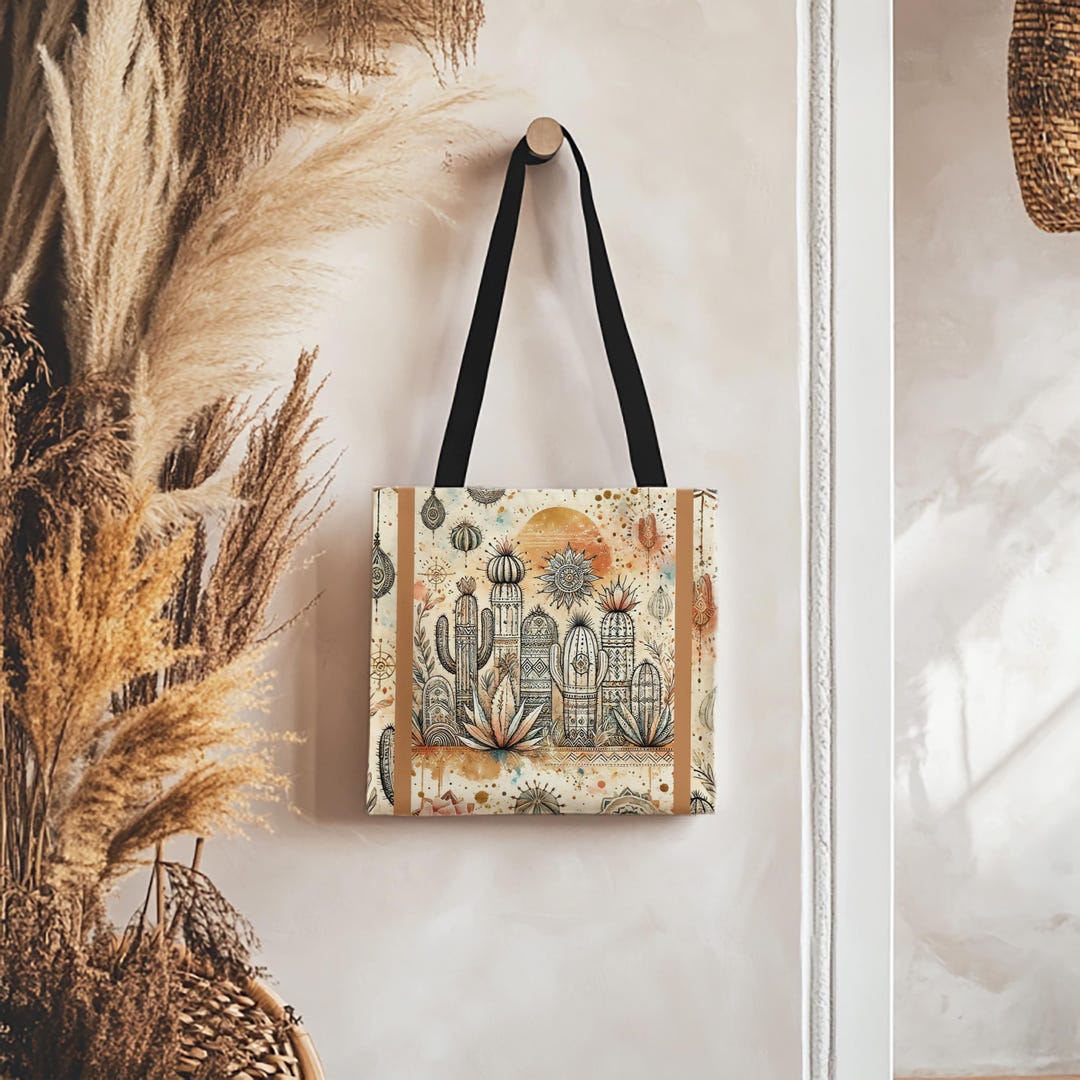 Sonoran Desert Cacti Tote Bag, Southwest Tribal Theme With Flowers ...
