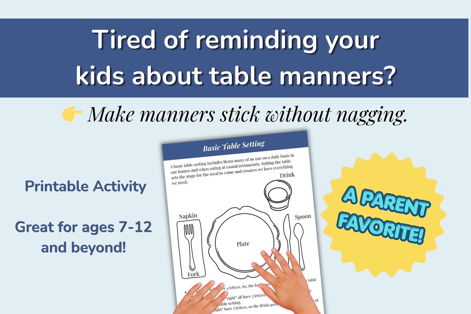 Kids Table Manners Printable, Dining Etiquette for Children, Homeschool ...