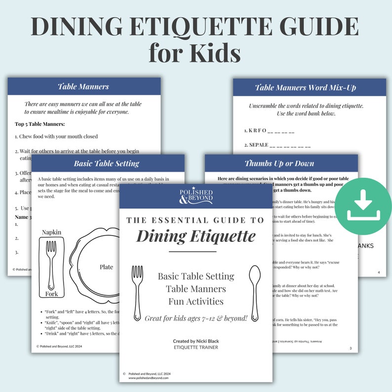 Kids Dining Etiquette Guide | Printable Kids Dining Etiquette and Table ...