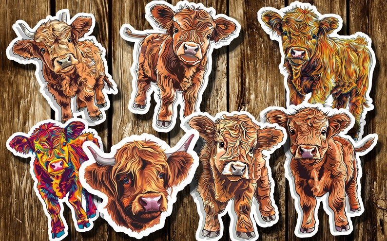 Sticker Bundle, Highland Cow, Baby Cow, Holographic Sticker, Waterproof ...