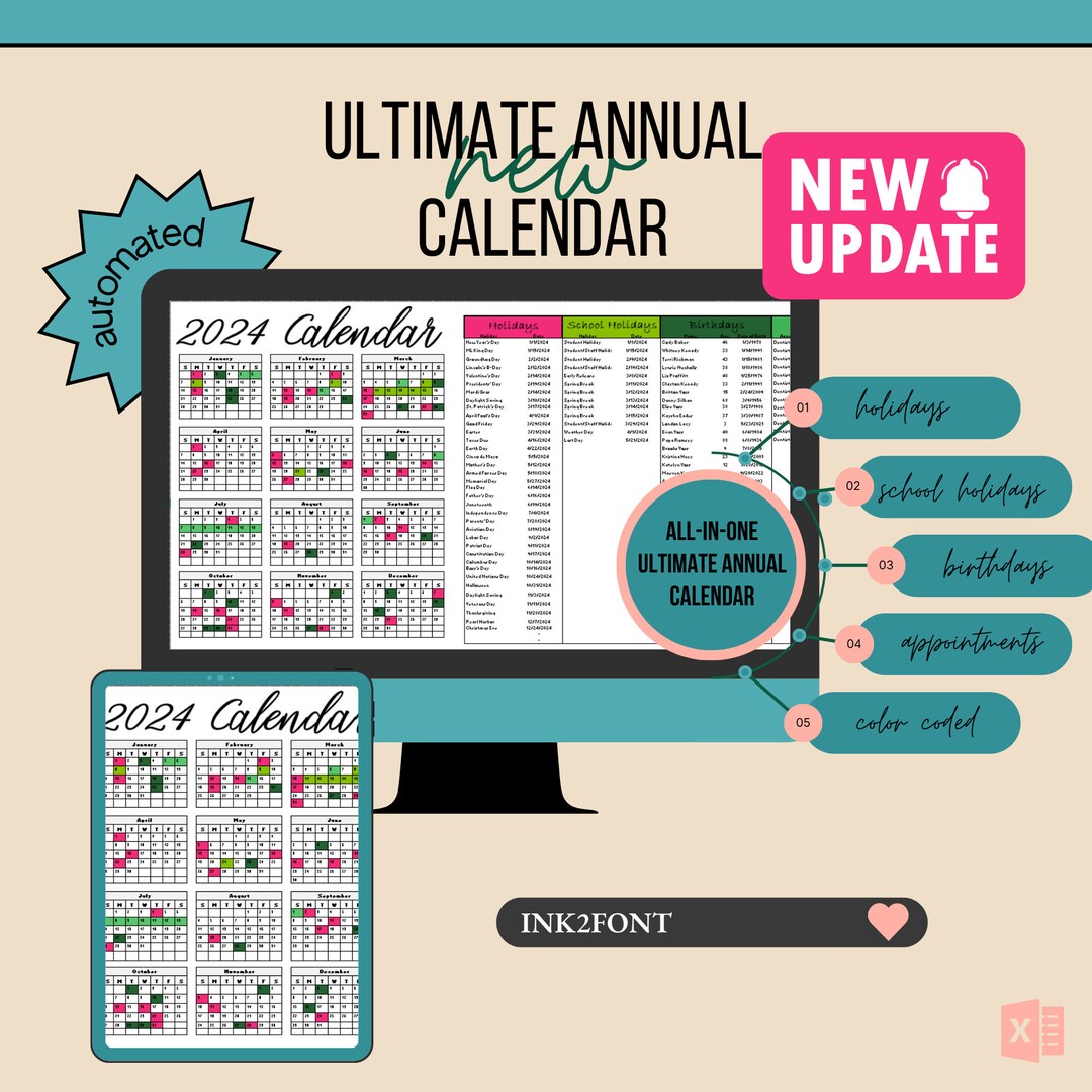 Ultimate 12-month Personalized Annual Excel Calendar Spreadsheet - Etsy