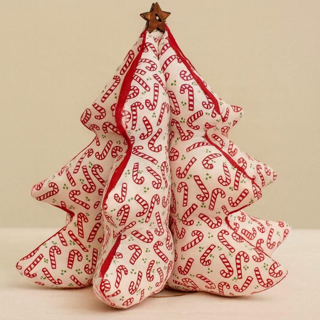 Vintage Style Stuffed Christmas Tree – 7in Fabric Tree Décor With Wood ...
