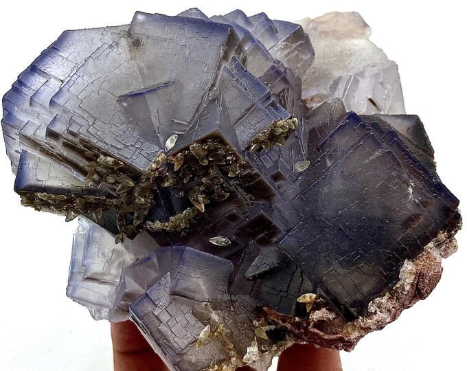 962 Gram Unique Blue/gray Phantom Cubic FLUORITE With CALCITE Crystal ...
