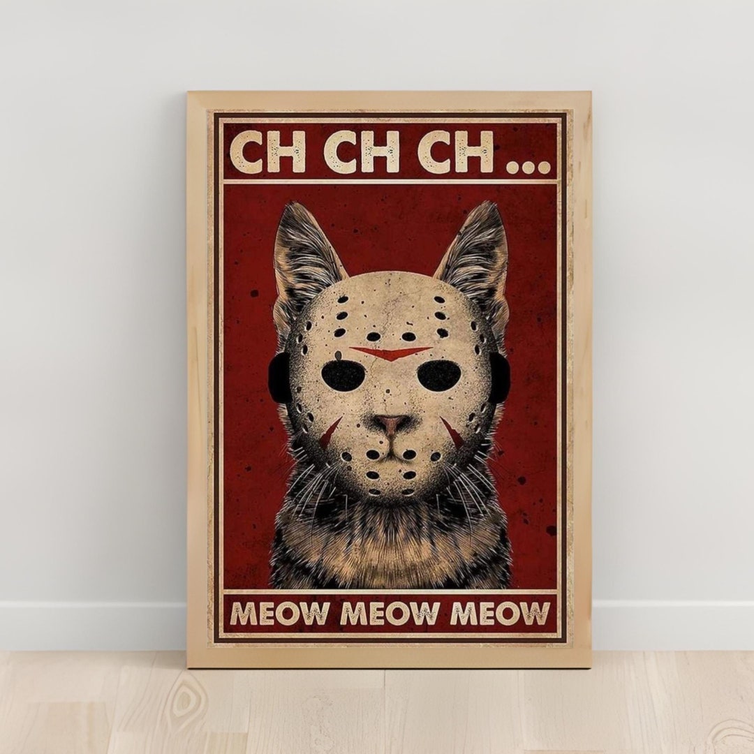 Funny Jason Cat Poster, Horror Cat Wall Art, Meow Mask Vintage Print ...