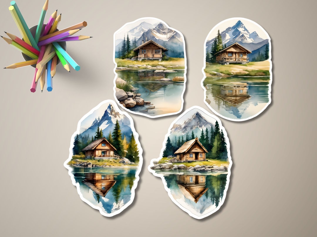 4 Lakeside Cabins Sticker Set Nature, Watercolor Design, Travel Diary ...