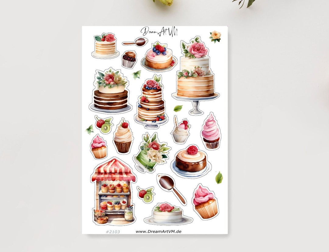 Cake Sticker Sheet Stickers, Watercolor, Cakes, Desserts, Tarts, Sweets ...