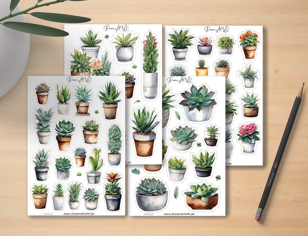 4 Plant Sticker Sheet Bundle - Succulents Cacti in Flower Pots, Green ...