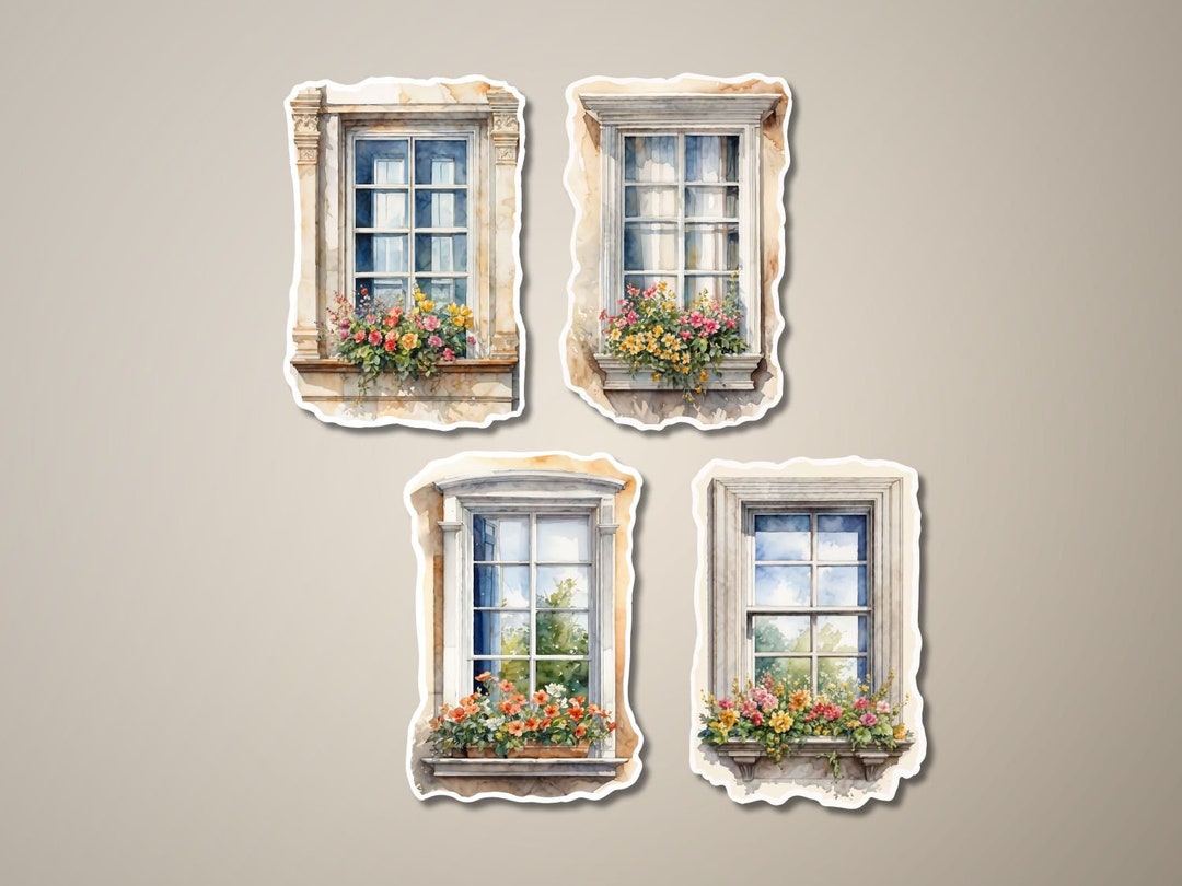 4 Flowery Window Frame Sticker Set Stickers, Watercolor, Travel Diary ...