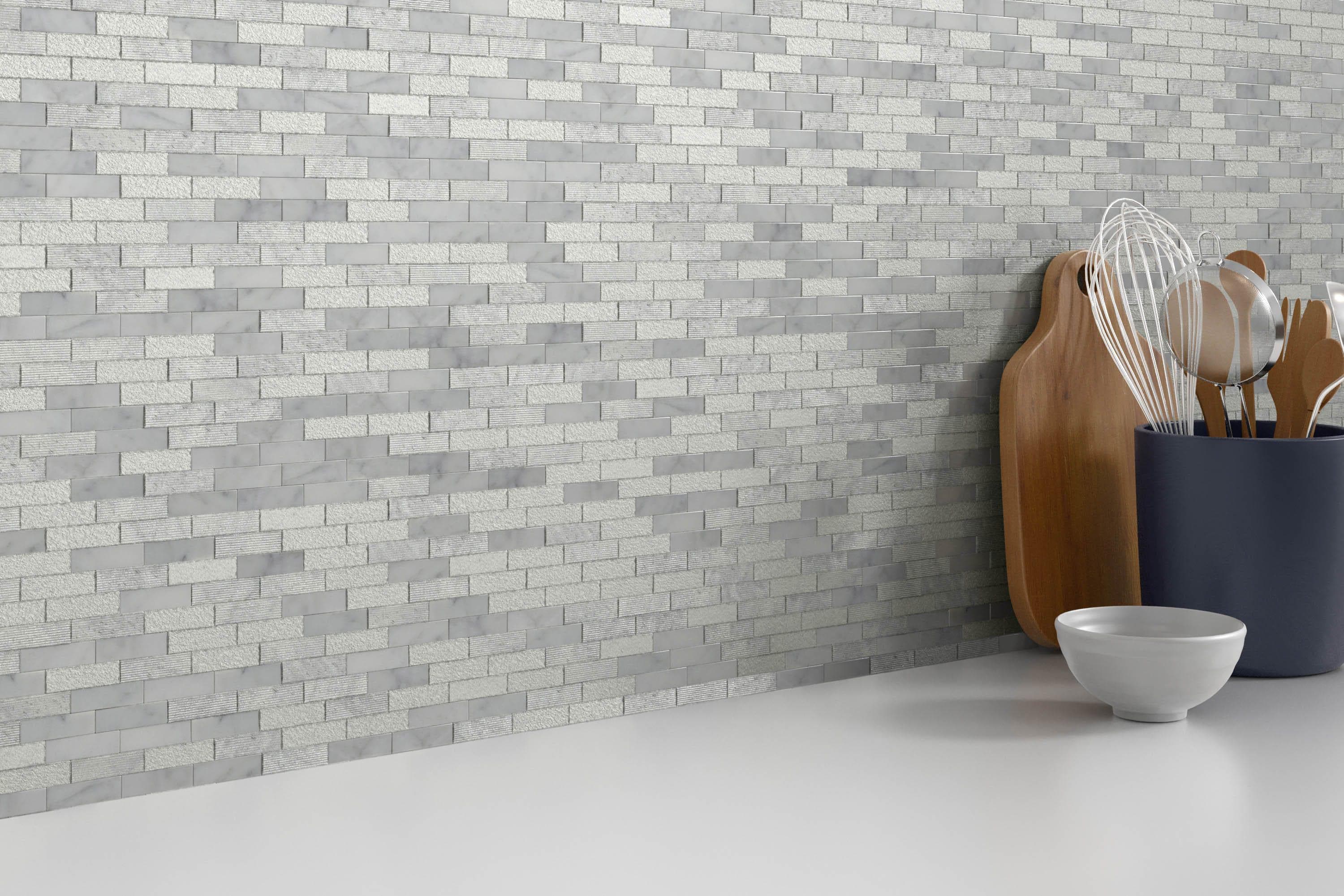 Modern White Gray Groutless Stack Stone Marble Mosaic Tile B2C ...