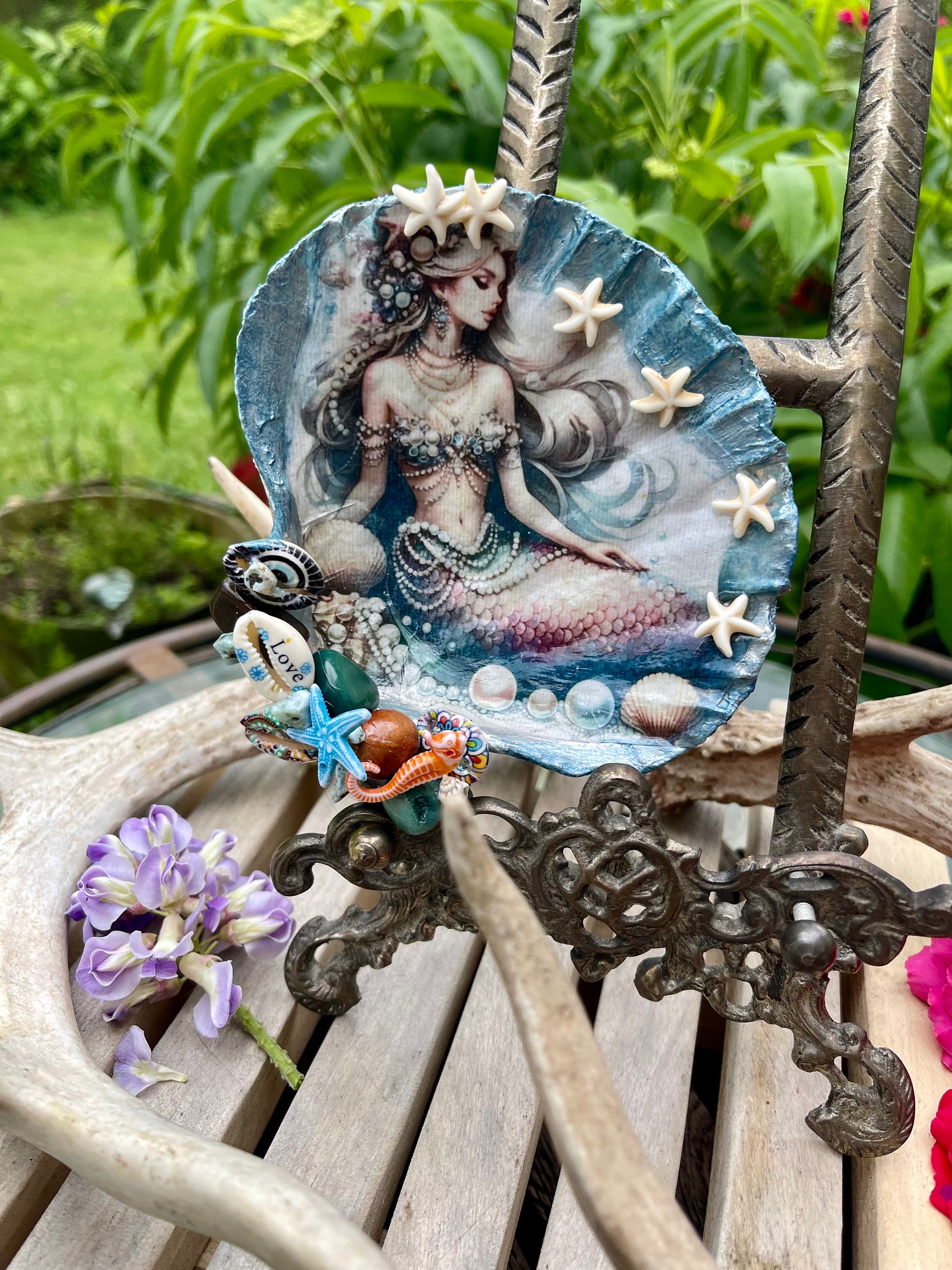 Decoupage Shell Jewelry Dish Memaid Jewelry Dish, Ring Painted Dish ...