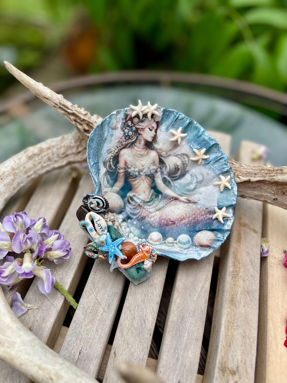 Decoupage Shell Jewelry Dish Memaid Jewelry Dish, Ring Painted Dish ...
