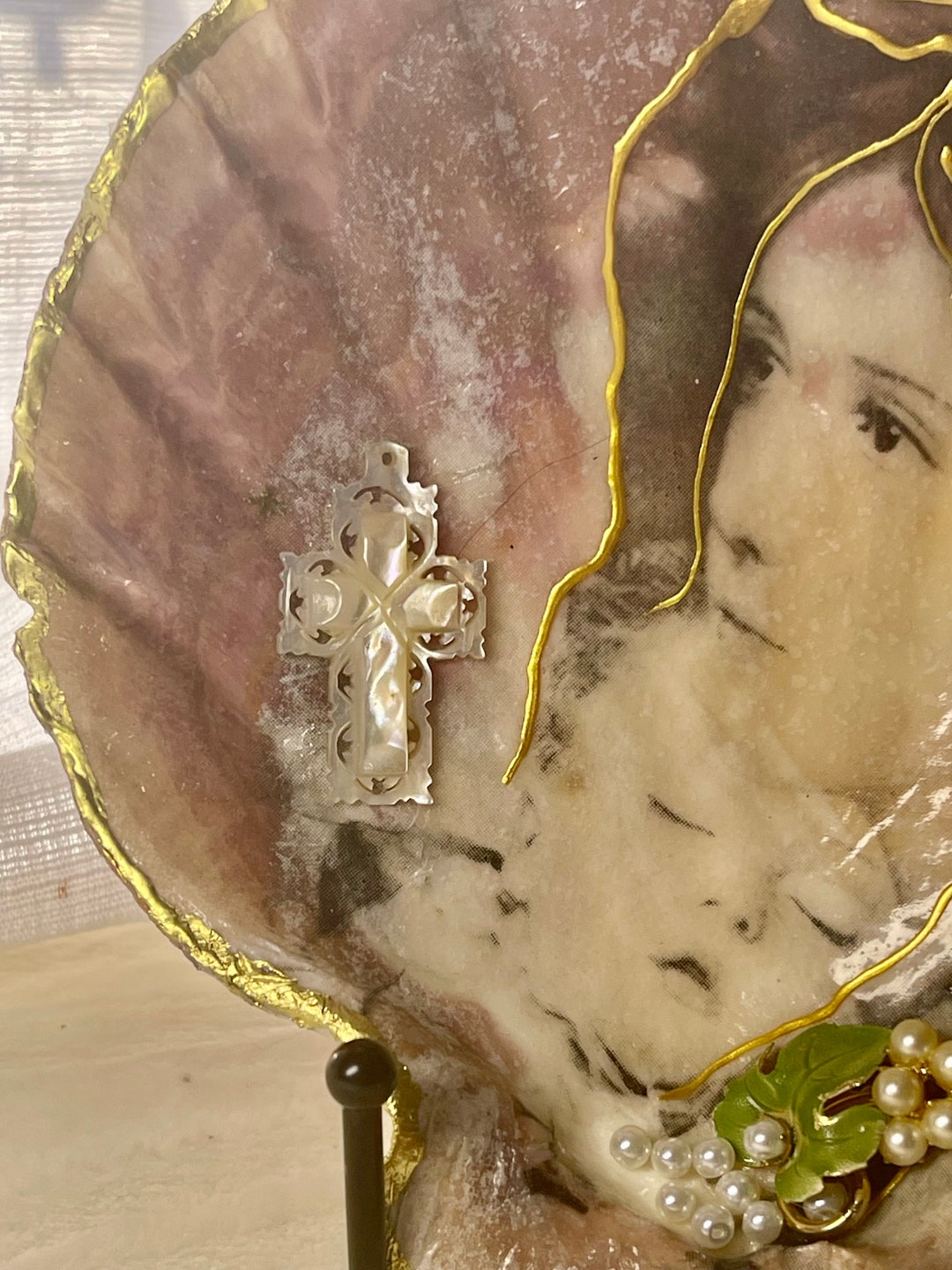 Decoupage Mary and Child, Large Shell Jewelry Ring Dish, Coastal Design ...