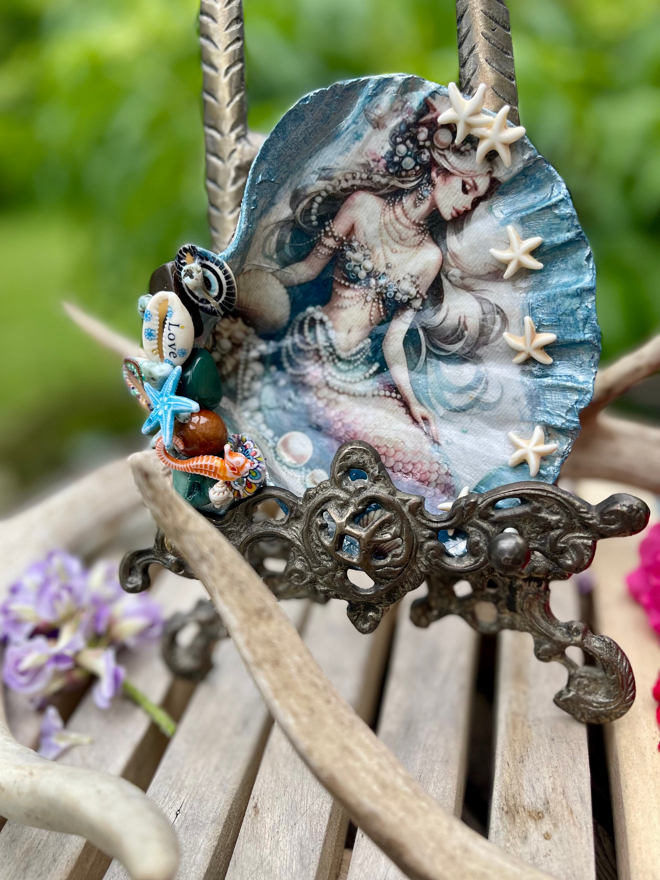 Decoupage Shell Jewelry Dish Memaid Jewelry Dish, Ring Painted Dish ...