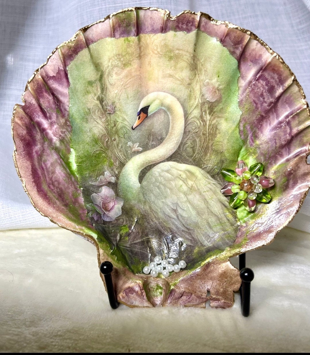Decoupaged Shell Jewelry Dish Jewelry, Xlarge Shell Dish, the Swan ...