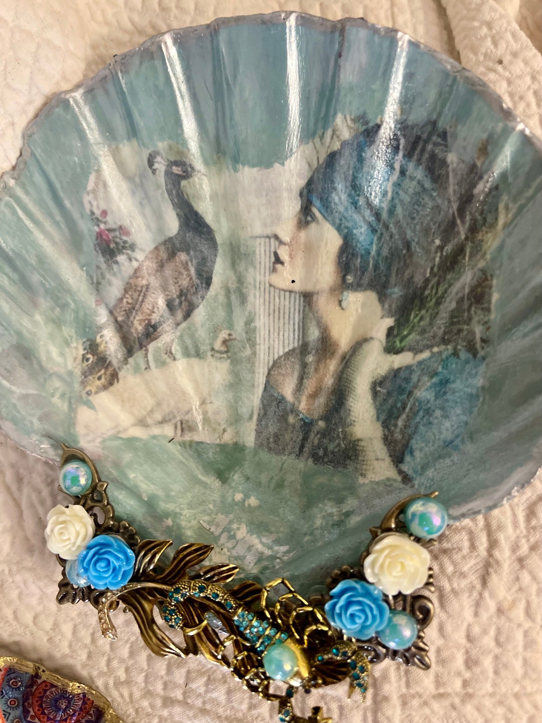 Decoupage Art Deco Peacock Shell Jewelry Dish, Ring Painted Dish ...