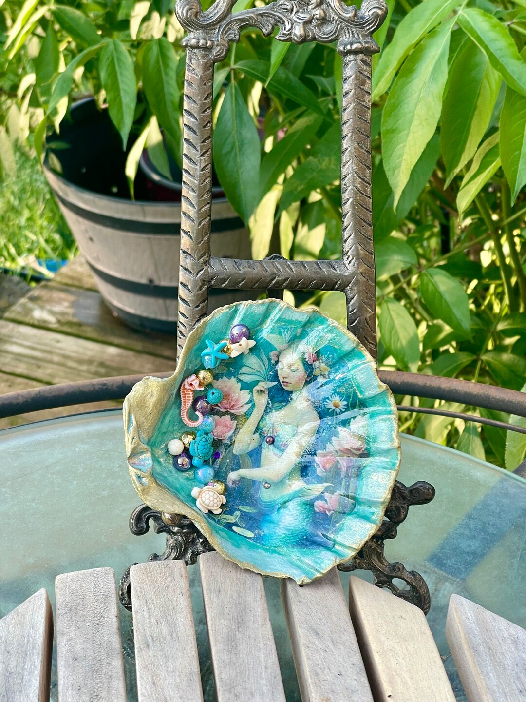 Decoupage Shell Jewelry Dish - Memaid Jewelry Dish, Ring Painted Dish ...