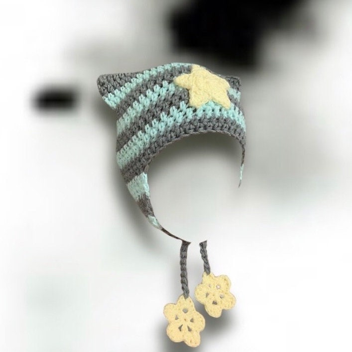 Striped Star Crochet Cat Ear Beanie Hat With Ear Flaps and Flower Star ...