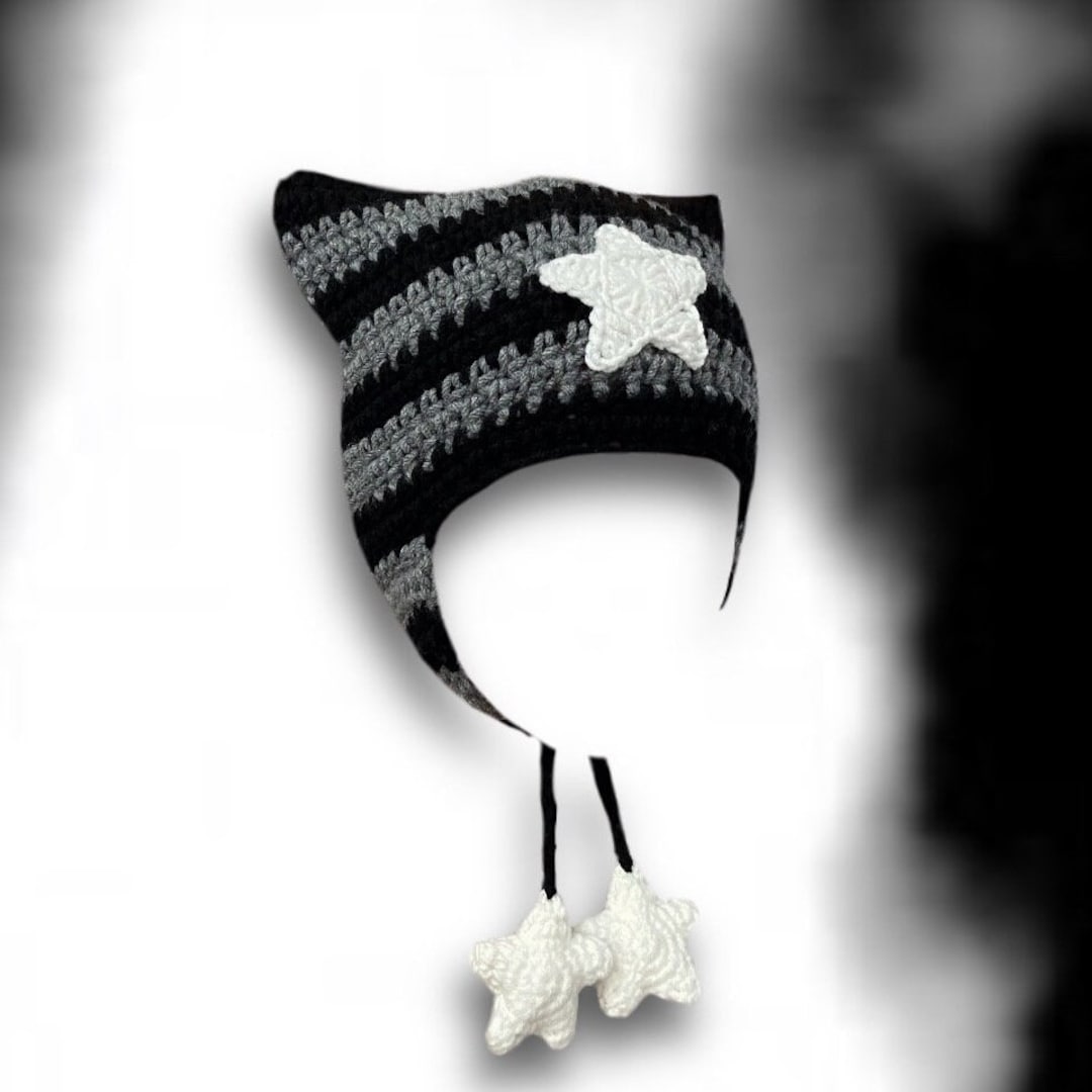 Striped Star Crochet Cat Ear Beanie Hat With Ear Flaps and Puffy Star ...
