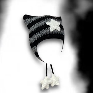 Striped Star Crochet Cat Ear Beanie Hat With Ear Flaps and Puffy Star ...