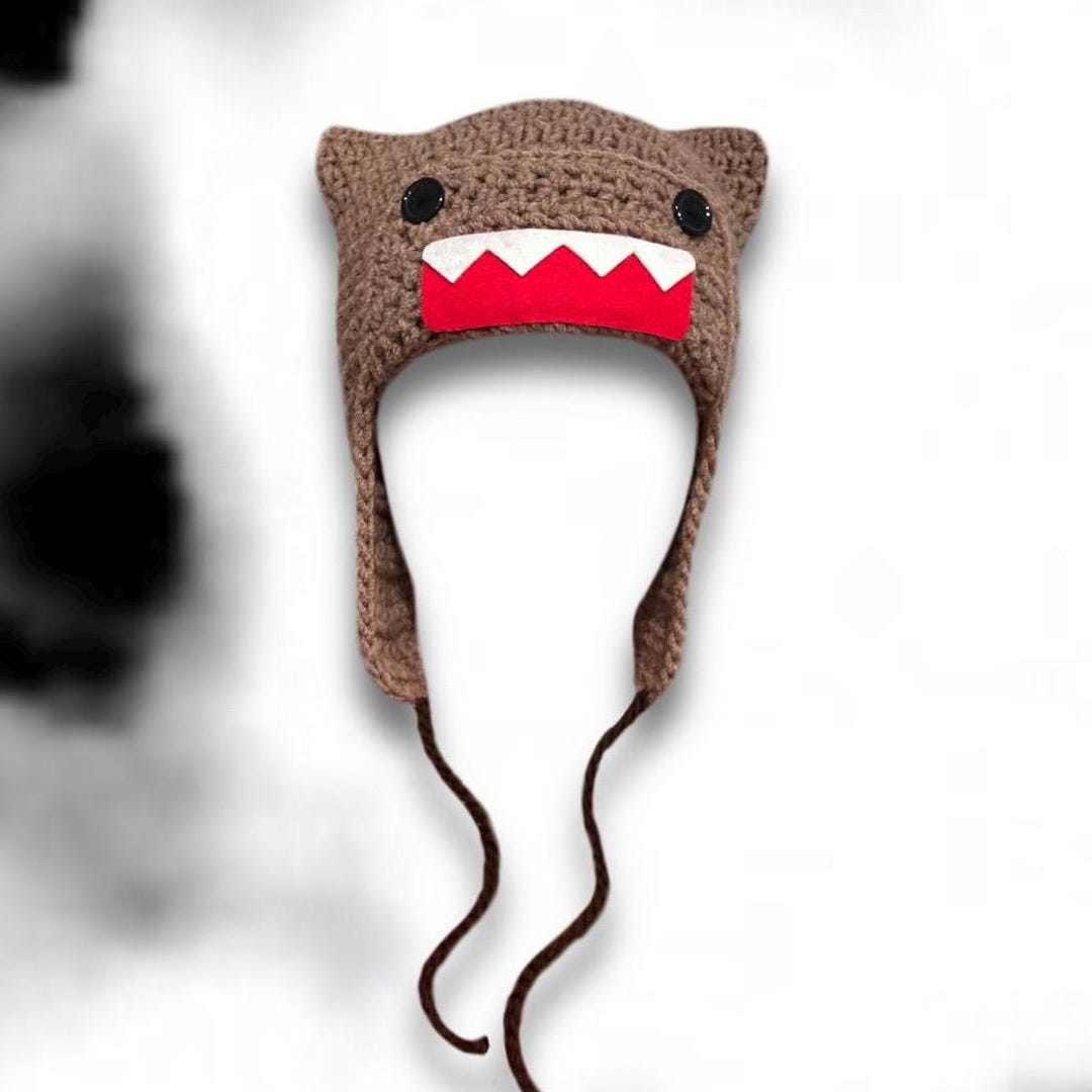 Domo Inspired Crochet Ushanka Trapper Cat Ear Beanie Hat With Ear Flaps and Strings Kawaii Cute ...