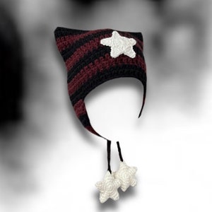 Striped Star Crochet Cat Ear Beanie Hat With Ear Flaps and Puffy Star ...
