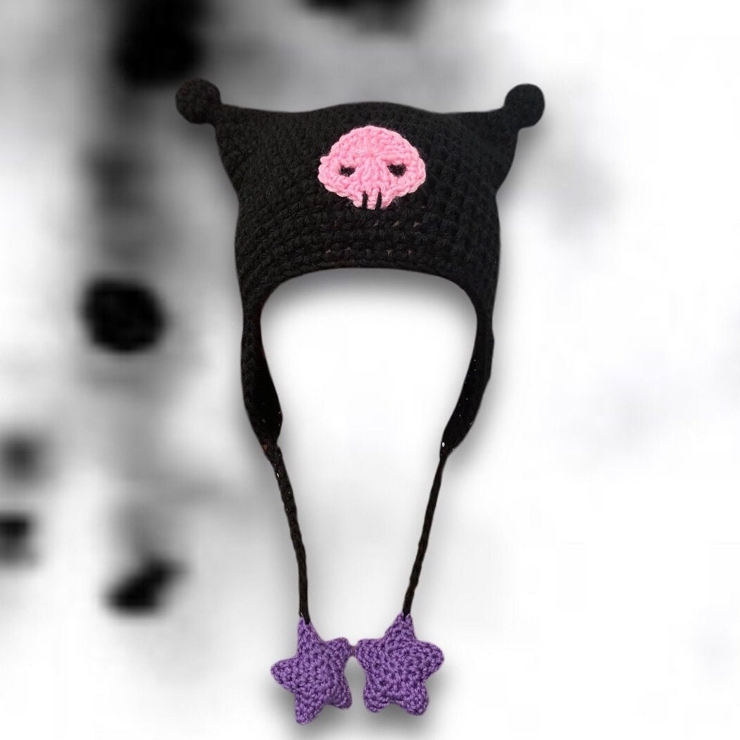 Kuromi Skull Crochet Cat Ear Beanie Hat With Ear Flaps and Puffy Star ...