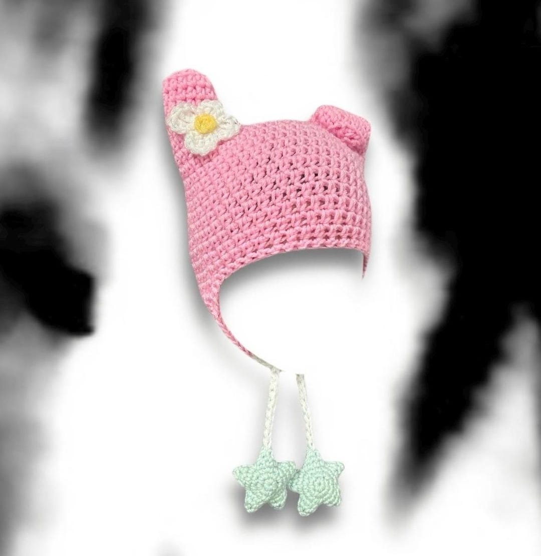 My Melody Flower Crochet Bunny Rabbit Ear Beanie Hat With Ear Flaps and ...