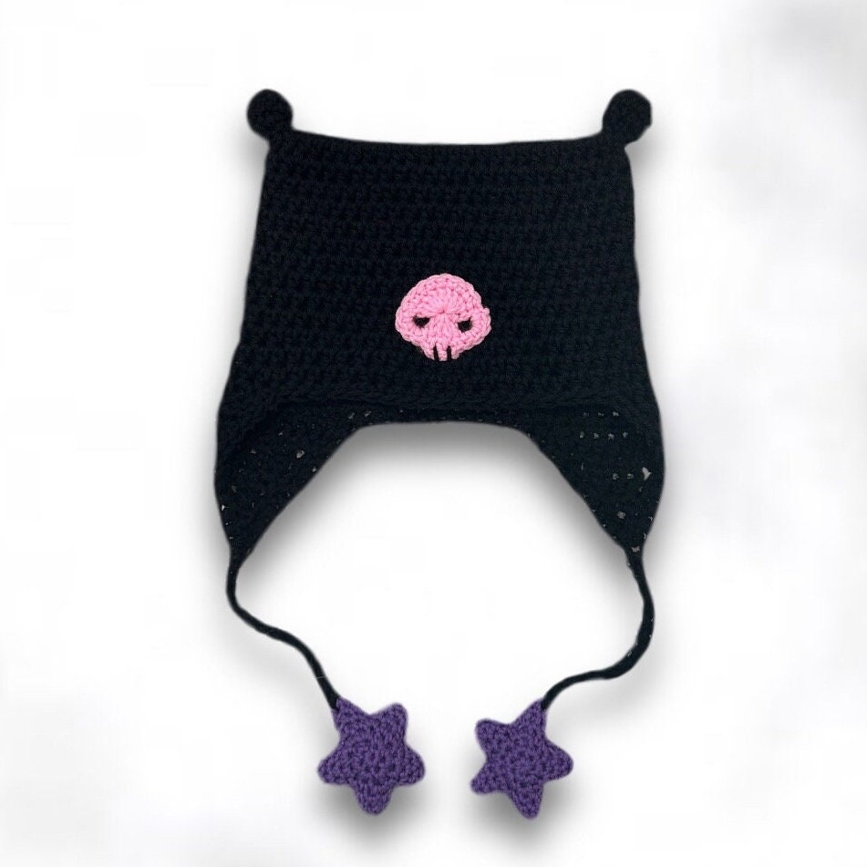 Kuromi Skull Crochet Cat Ear Beanie Hat With Ear Flaps and Puffy Star ...