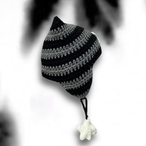 Striped Star Crochet Cat Ear Beanie Hat With Ear Flaps and Puffy Star ...