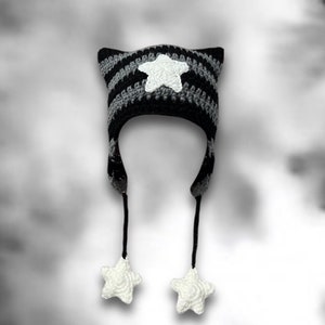 Striped Star Crochet Cat Ear Beanie Hat With Ear Flaps and Puffy Star ...