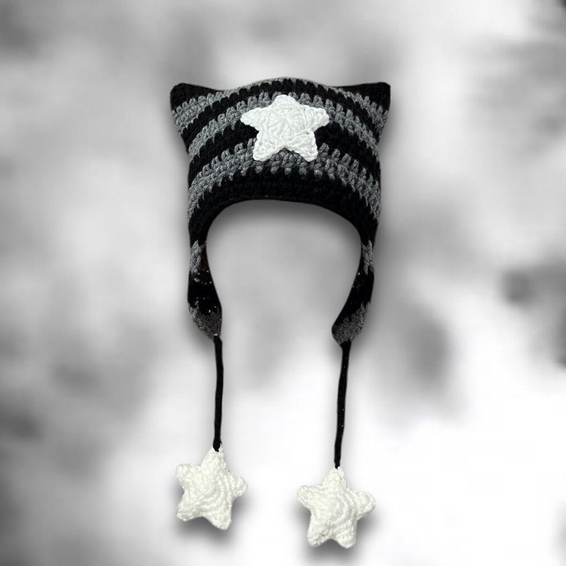 Striped Star Crochet Cat Ear Beanie Hat With Ear Flaps and Puffy Star ...