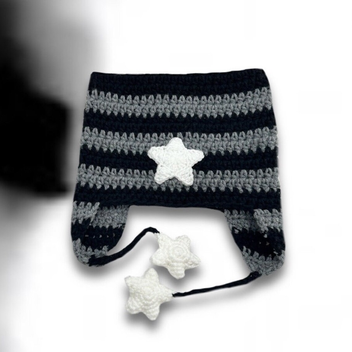 Striped Star Crochet Cat Ear Beanie Hat With Ear Flaps and Puffy Star ...