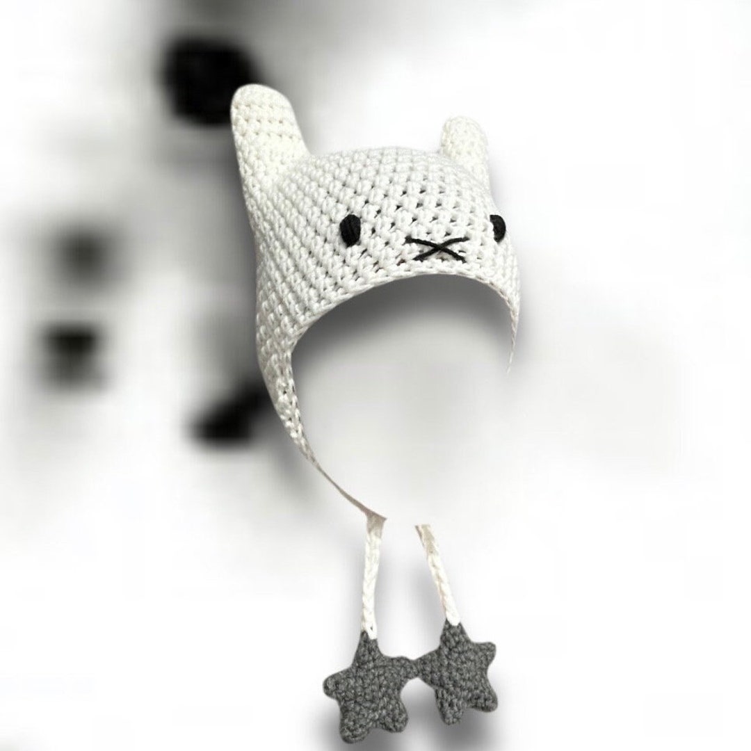Miffy Rabbit Crochet Bunny Ear Beanie Hat With Ear Flaps and Puffy Star ...