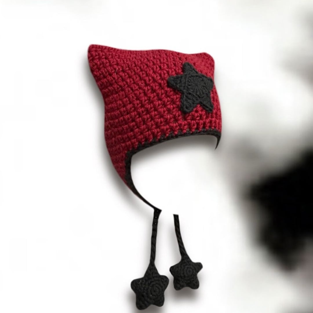 Star Crochet Cat Ear Beanie Hat With Ear Flaps and Puffy Star Strings ...
