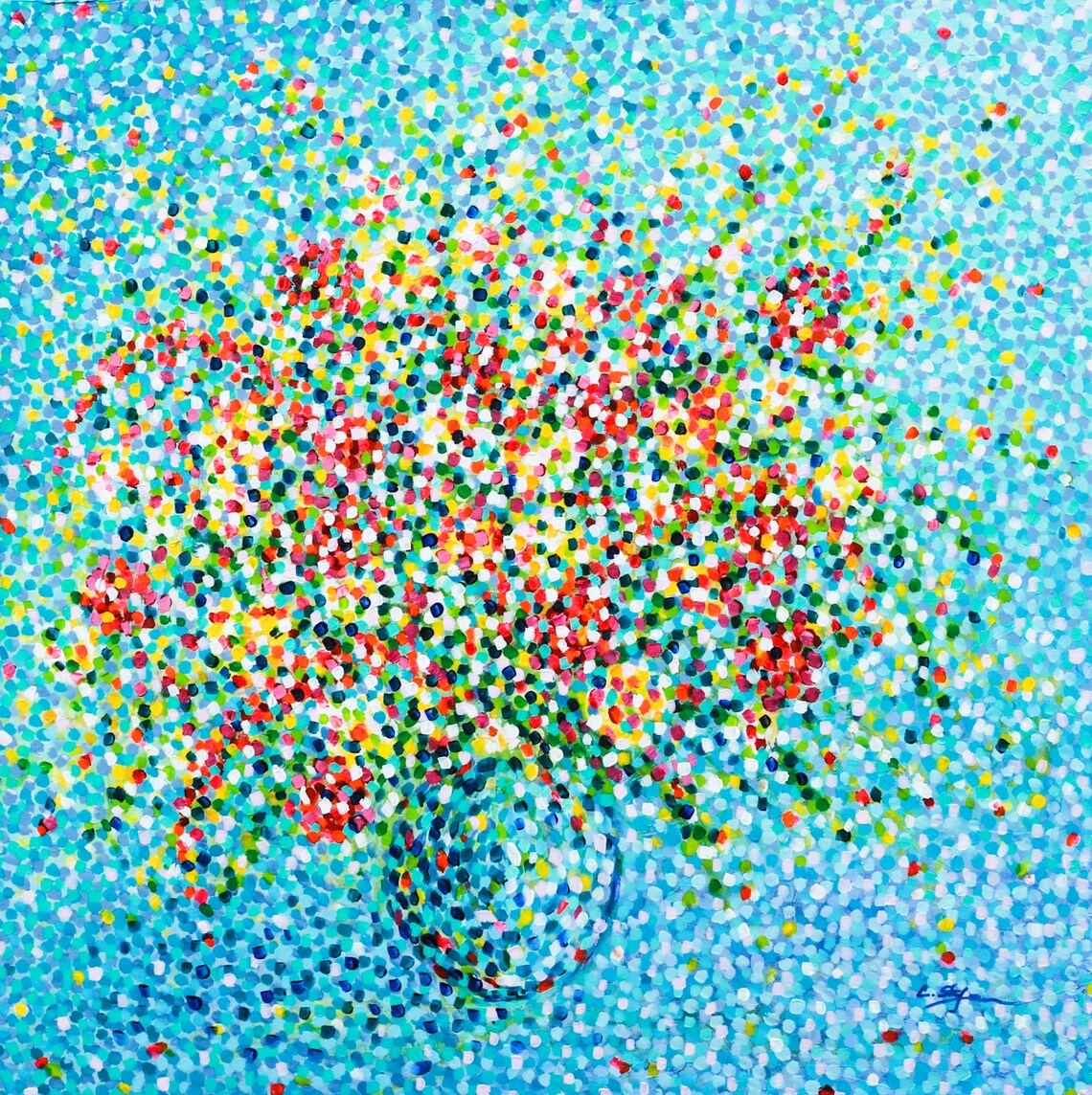 Vase With Flowers - Impressionist Painting, Pointillism Art. Original ...