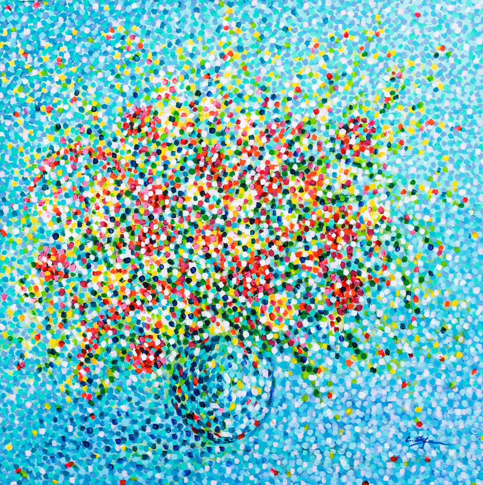 Vase With Flowers Impressionist Painting, Pointillism Art. Original ...