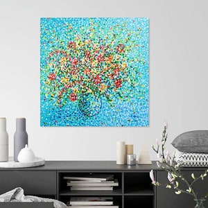 Vase With Flowers - Impressionist Painting, Pointillism Art. Original ...